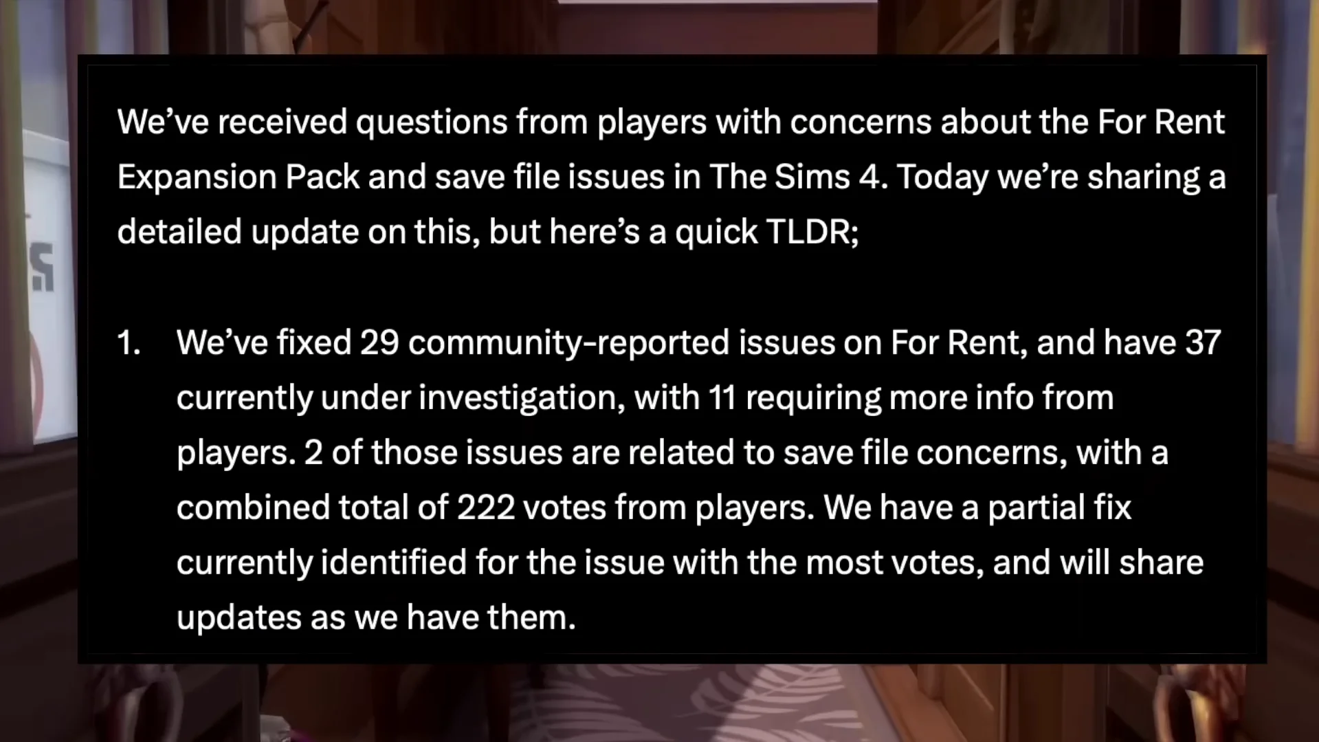 The Sims 4 team addresses ongoing save corruption problems ⇒ Sims4Life